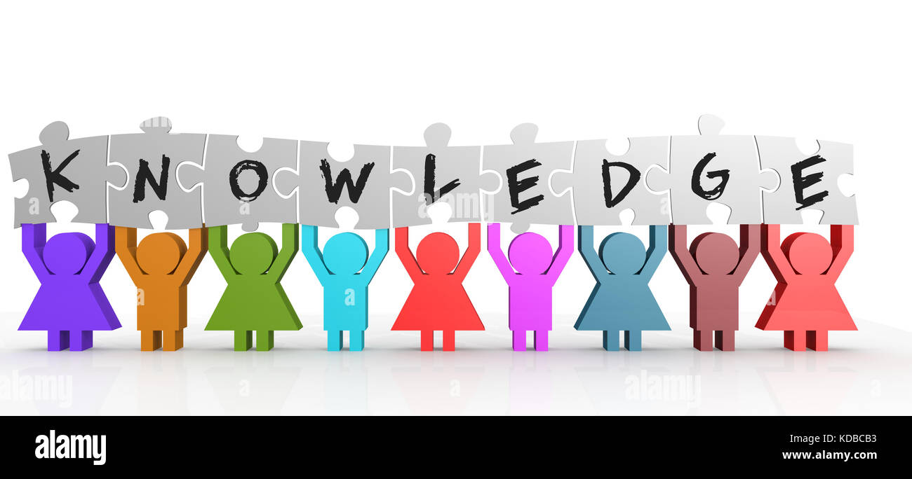 Nine people hold puzzle with knowledge word, 3D rendering Stock Photo ...