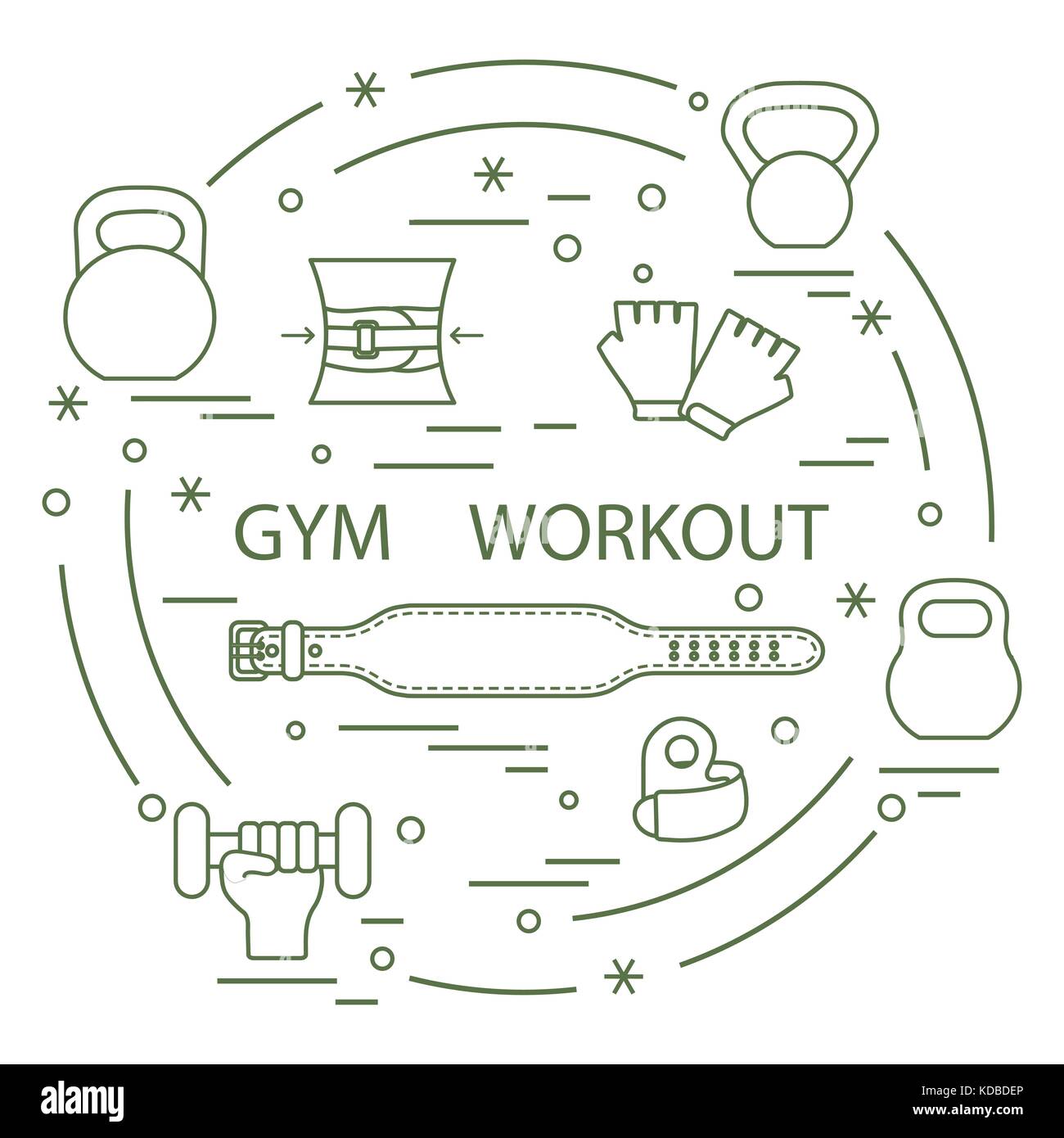 Powerlifting gym workout elements arranged in a circle. Bodybuilding ...