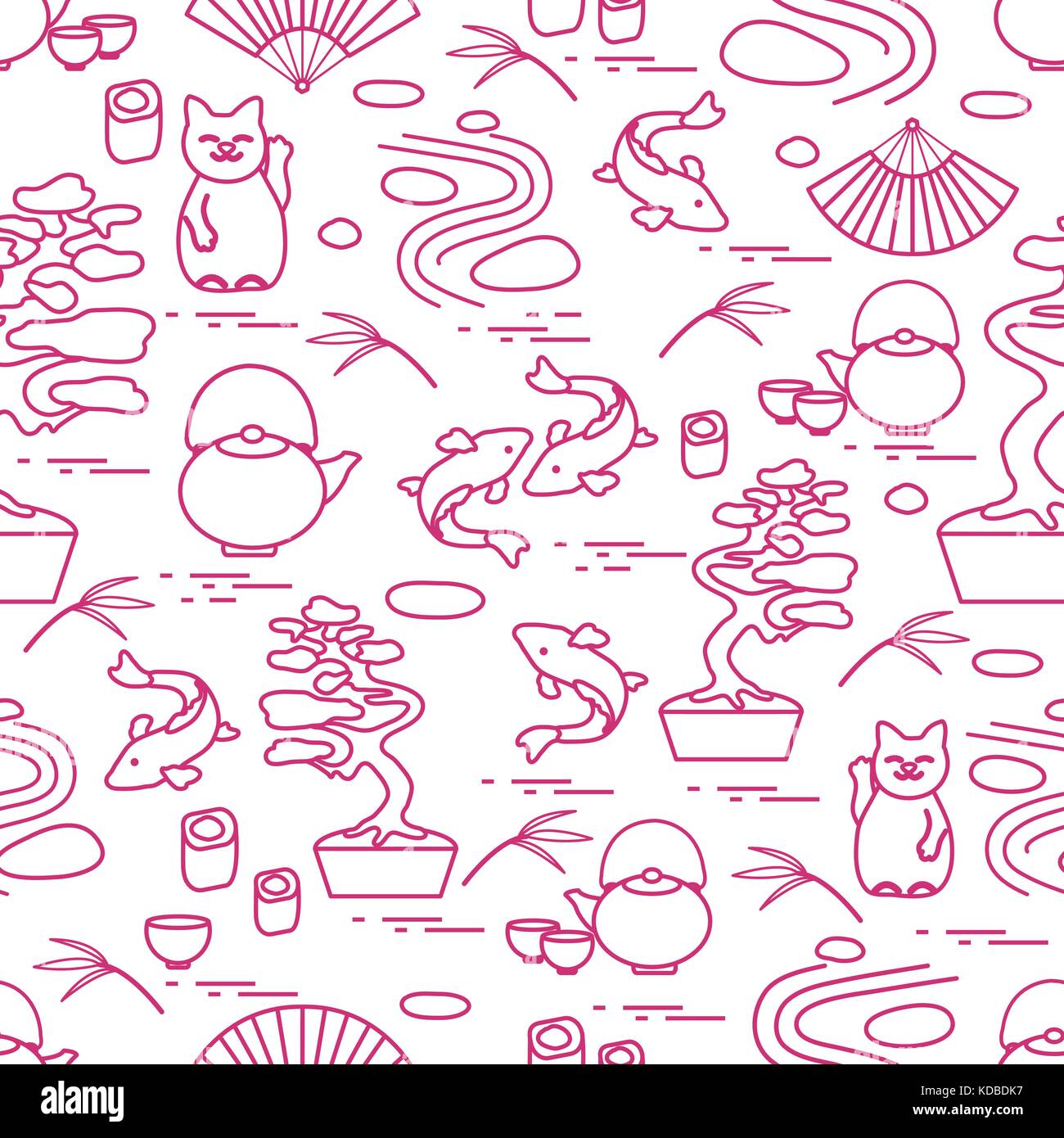 Cute vector pattern with bonsai tree, minimal rock garden, japanese ...