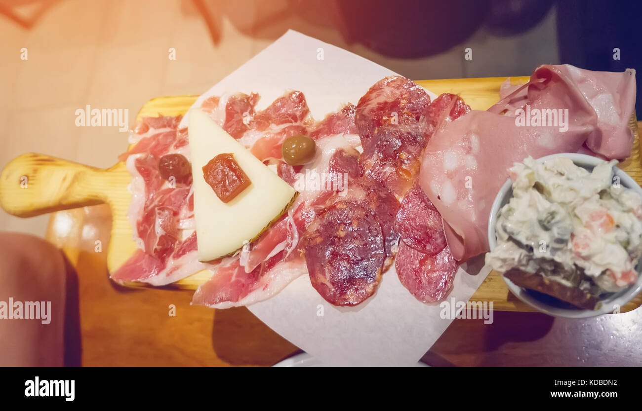 Plate in a cafe with different types of sliced deli meat and cheese ...