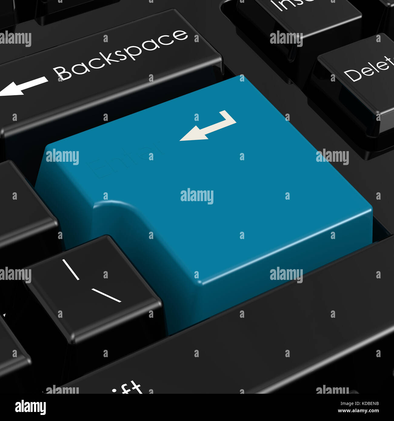 Blue enter button in black keyboard image with hi-res rendered artwork ...