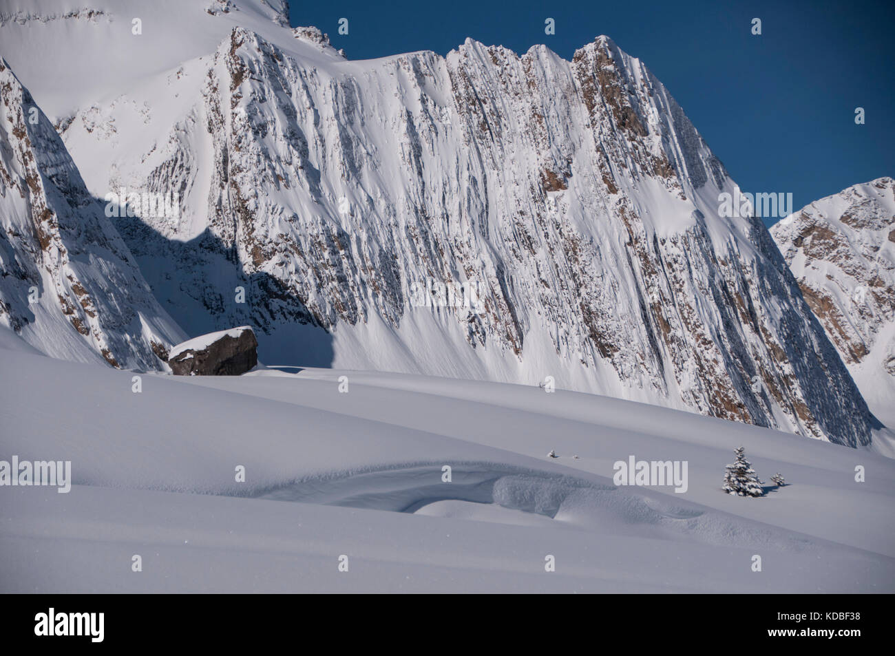 Paleozoic sedimentary rocks covered in snow near Mistaya Mountain ...
