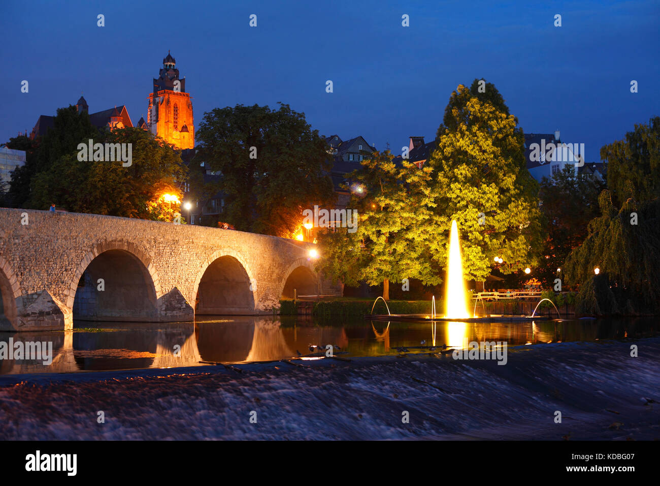 Dom Church, old Bridge and River Lahn at dusk, Wetzlar, Germany, Europe ...
