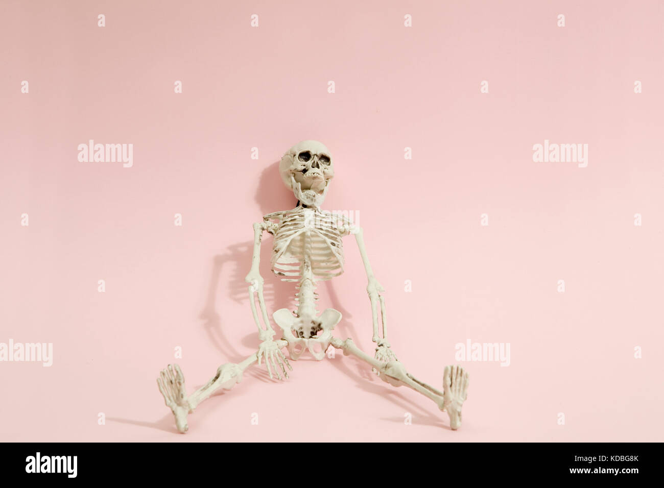 Isolated plastic toy skeleton a a vibrant pop pink background. Minimal ...