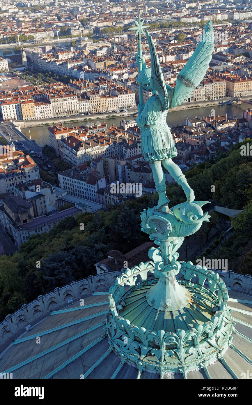 LYON, FRANCE, October 11, 2017 : Angel Gabriel Statue on the top of the ...