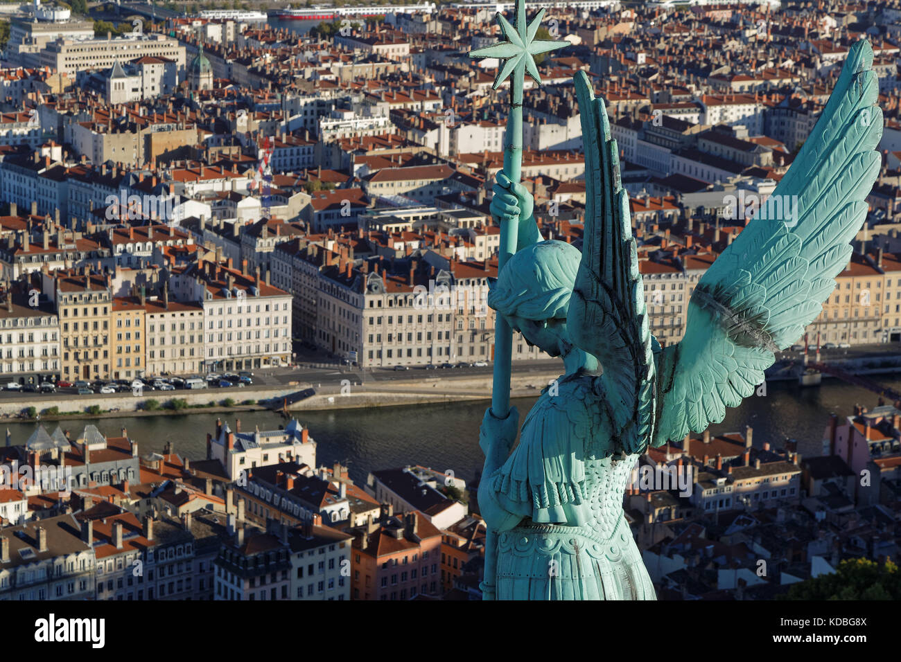 LYON, FRANCE, October 11, 2017 : Angel Gabriel Statue on the top of the ...
