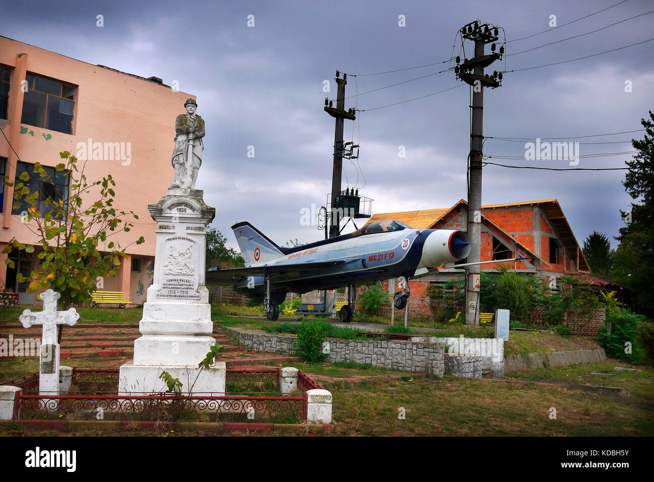 Romanian Air Force Mig 21 jet fighter on display at a memorial in the ...