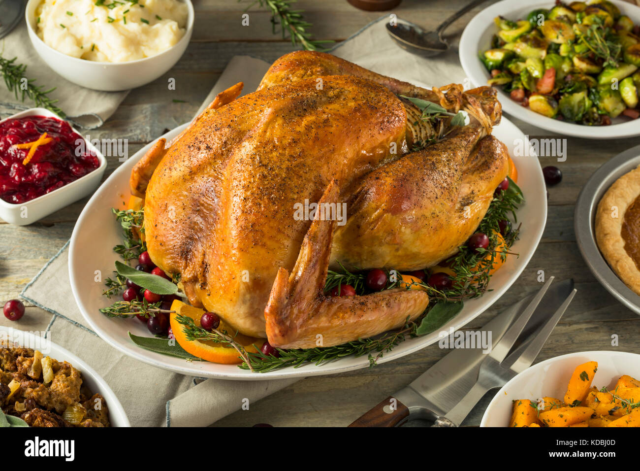 Organic Free Range Homemade Thanksgiving Turkey with Sides Stock Photo ...
