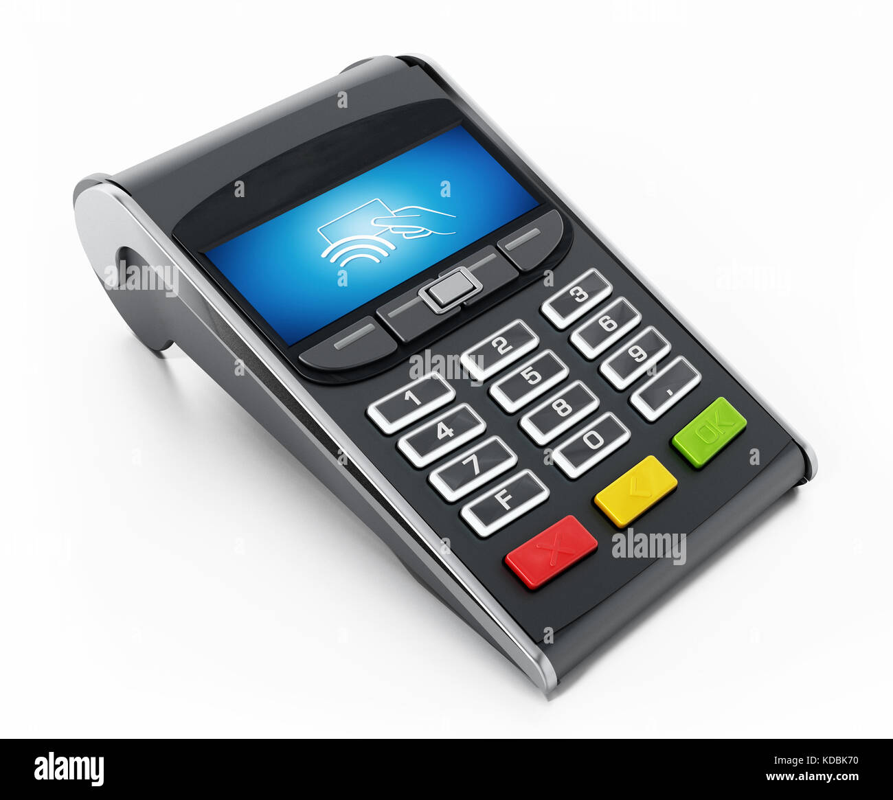 POS terminal with remote wireless symbol on the screen. 3D illustration ...
