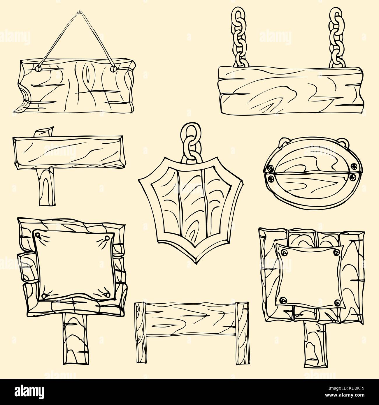 Set of wooden signposts. Hand-drawn Doodle. Vector illustration Stock ...