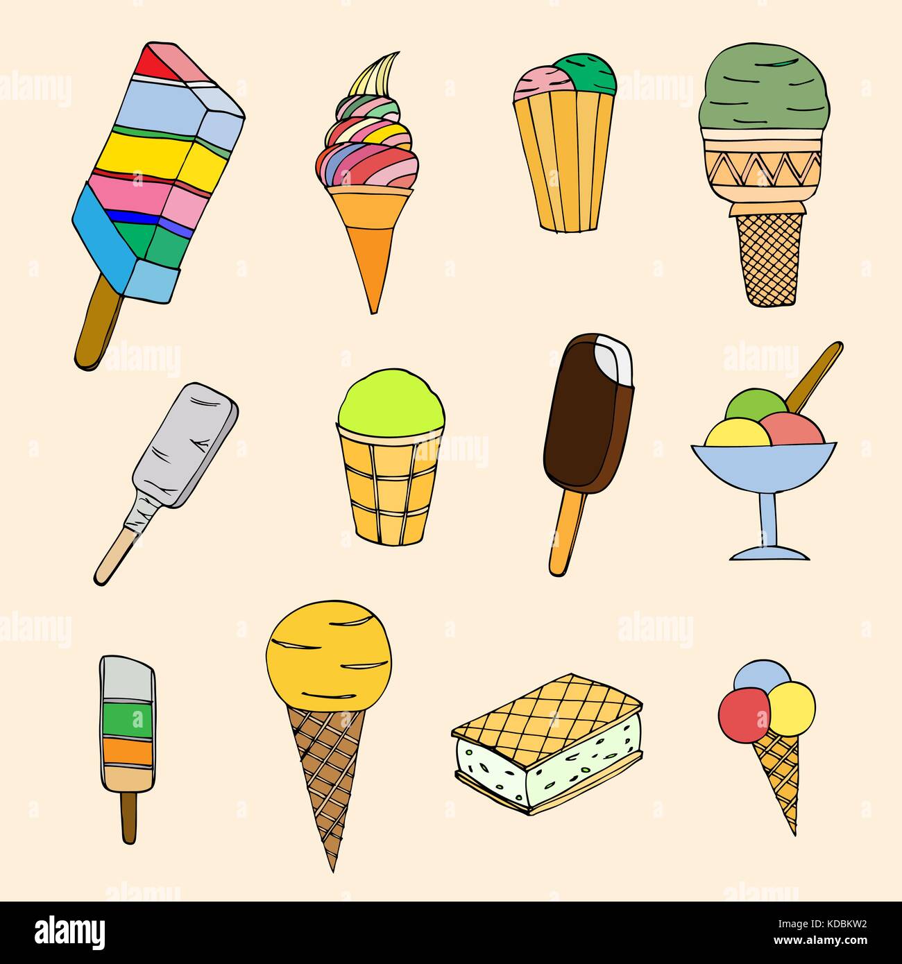 Collection Of Cute Vector Hand Drawn Cartoon Ice Cream Cones And Ice
