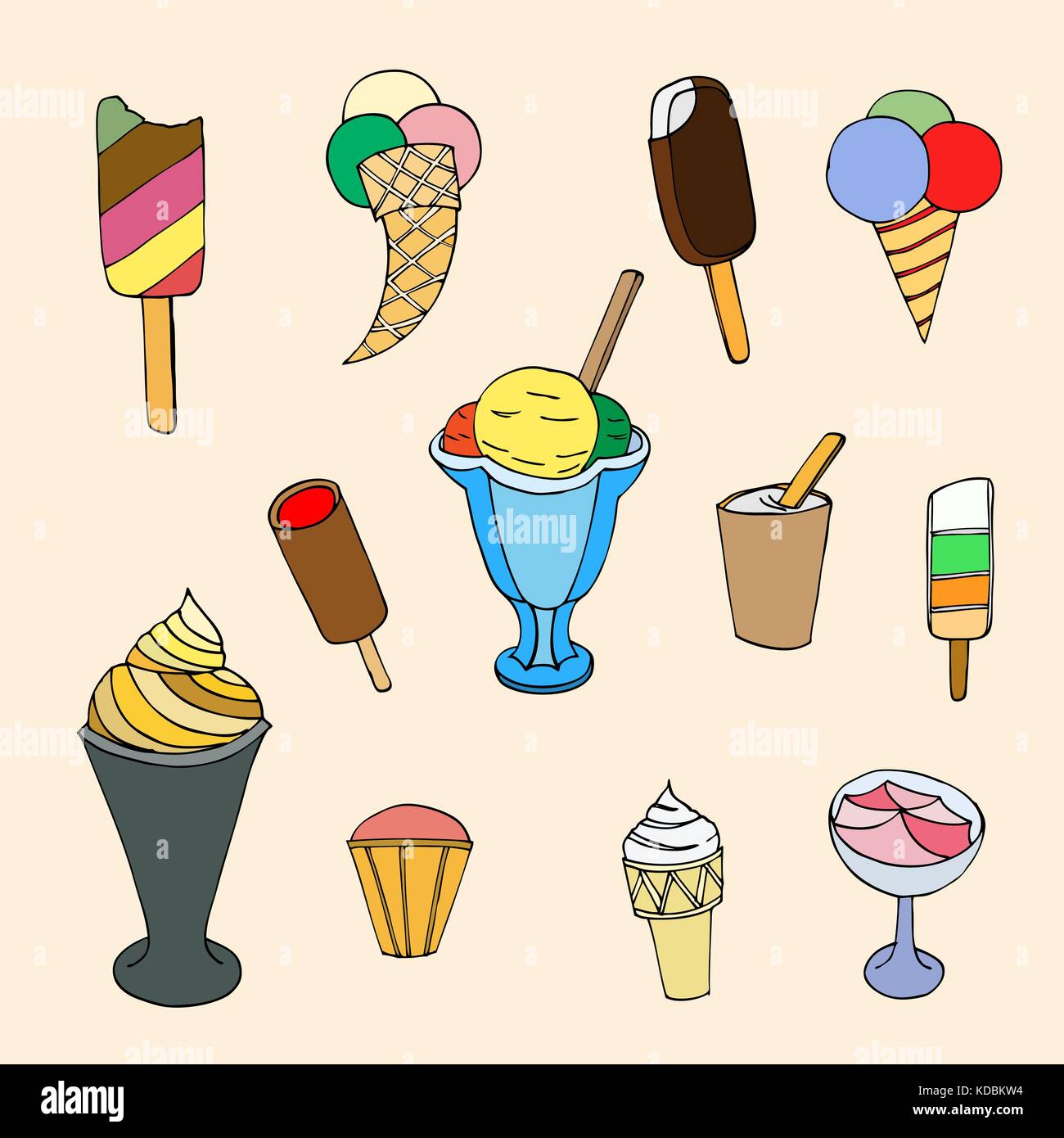 Collection of cute vector hand drawn cartoon ice cream. Cones and ice ...