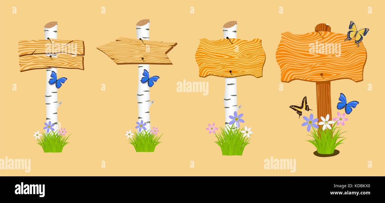 Set of Wooden arrow and signboard with flowers and butterflies. Vector ...
