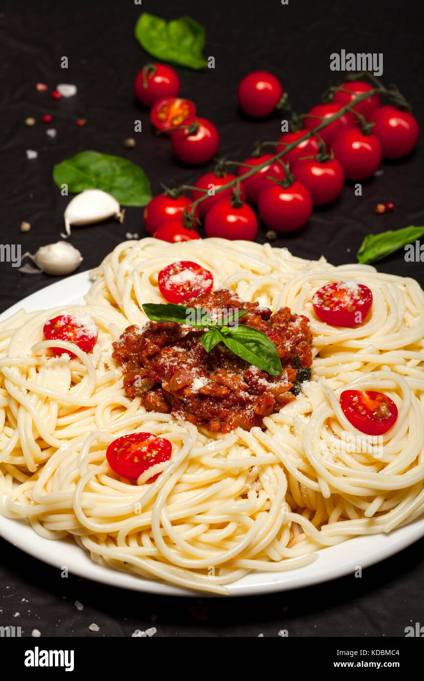 Closeup of delicious spaghetti Bolognaise or Bolognese with savory ...
