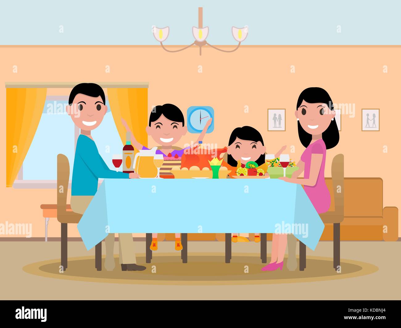 Vector cartoon happy family festive dinner table Stock Vector Image ...