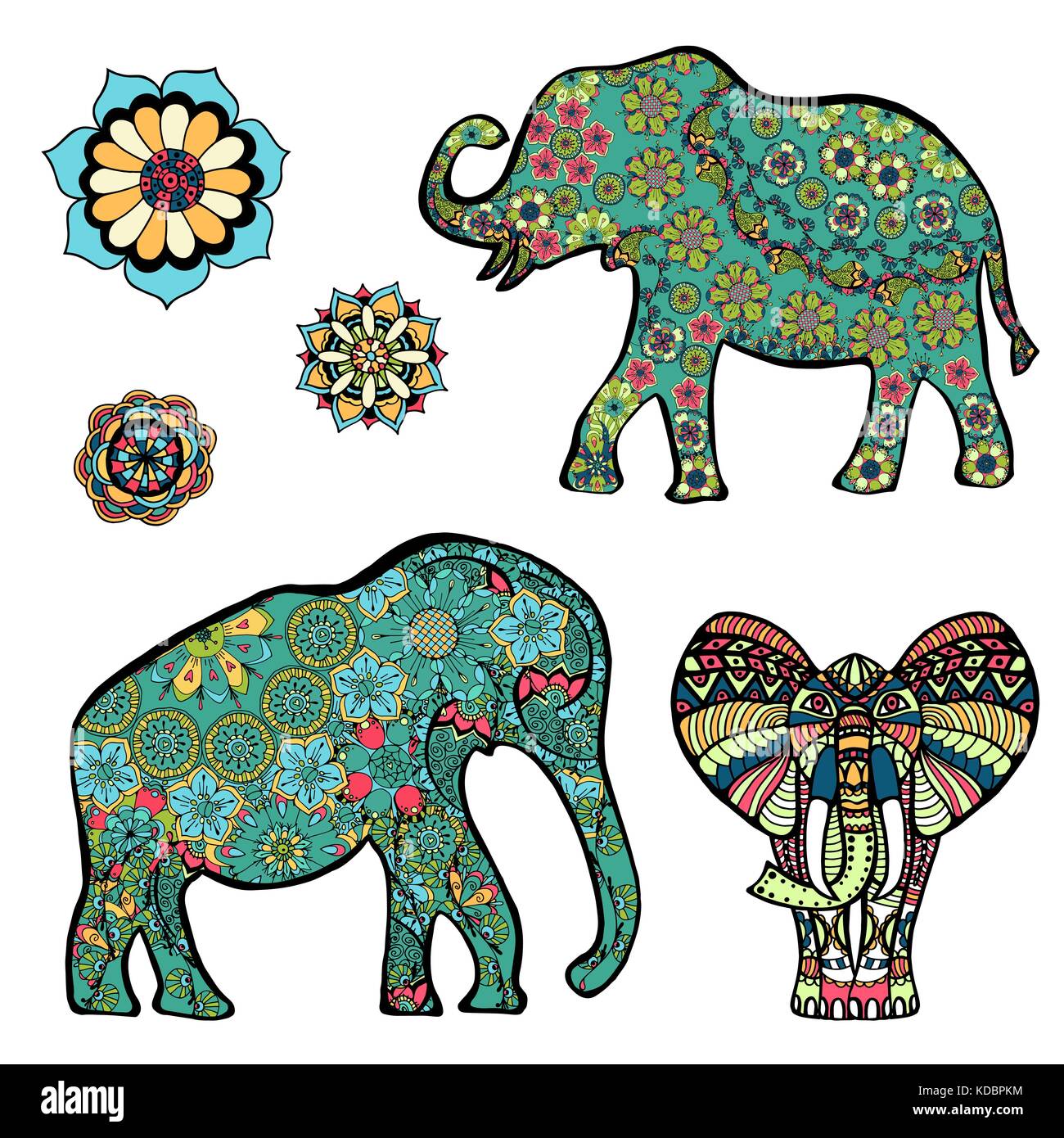 Set of Hand drawn stylized elephant with decorative tribal ethnic ...