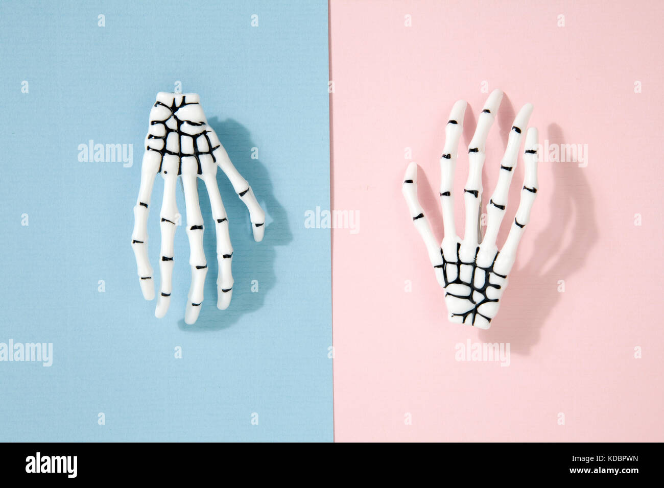 white hand skeleton on a pop vibrant bicolor blue and pink background ...
