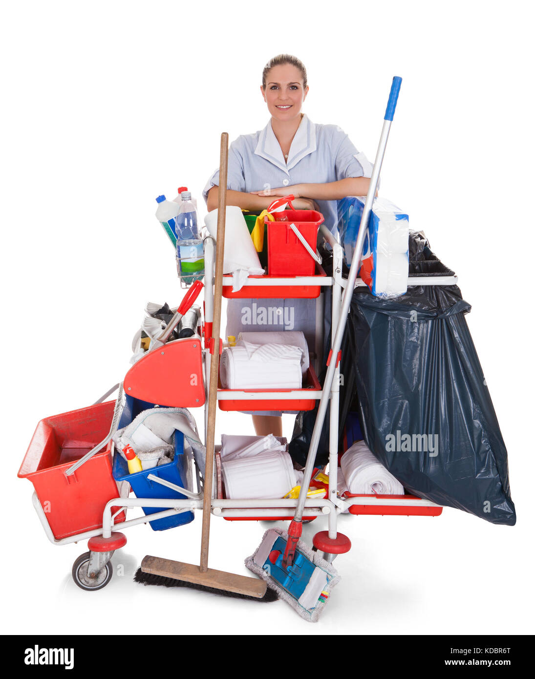 Female Cleaner With Cleaning Equipment Isolated On White Background ...