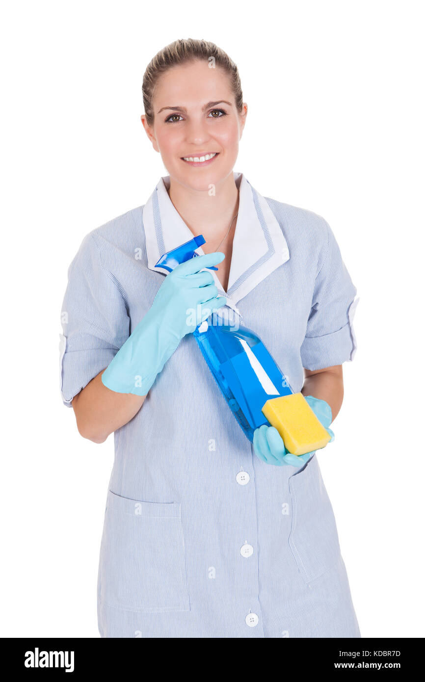 Woman Holding Cleaning Liquid And Scrubber Over White Background Stock ...