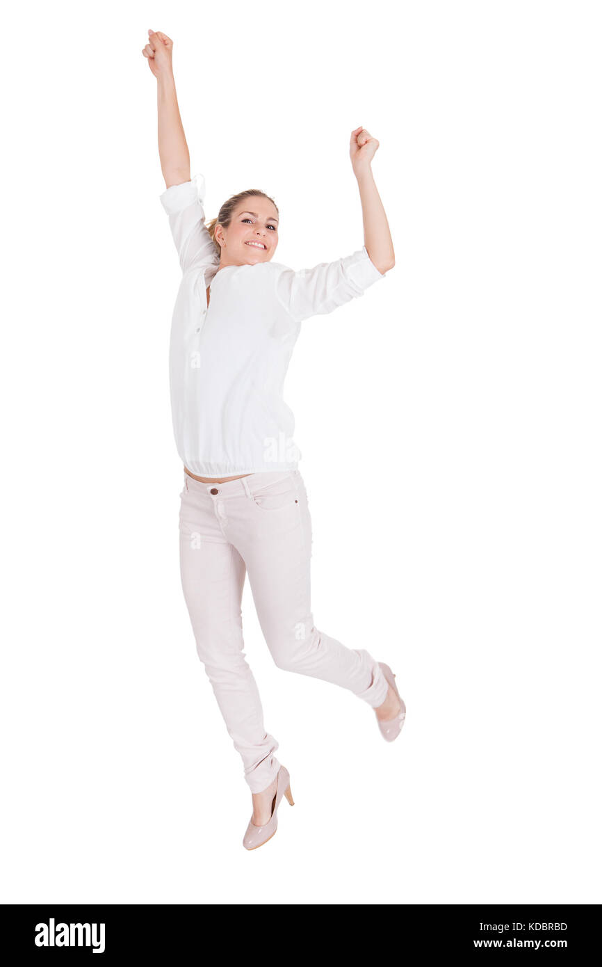 Portrait Of Young Happy Woman Raising Hand On White Background Stock ...