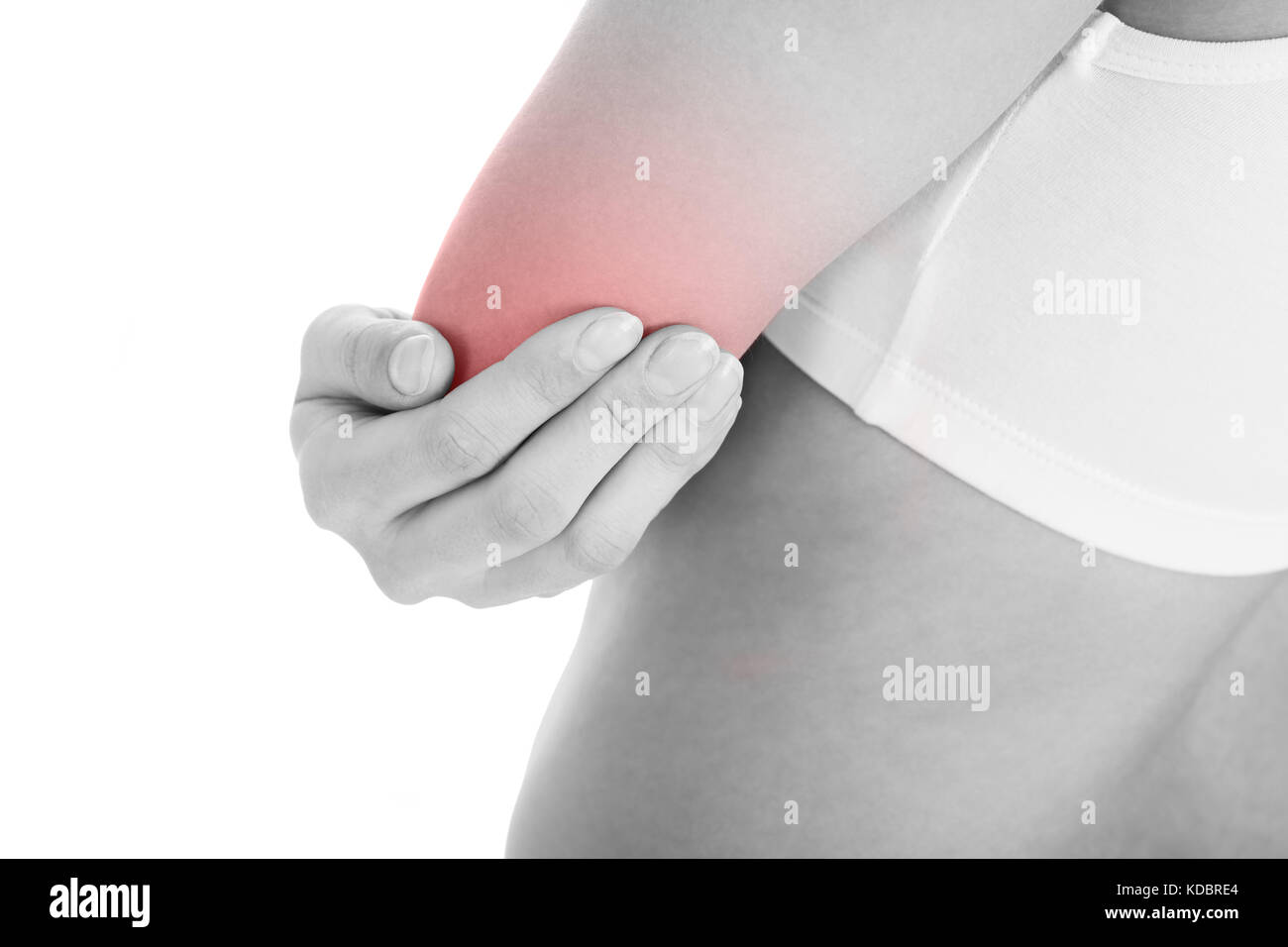 Close up of woman with elbow pain isolated on white background Stock ...