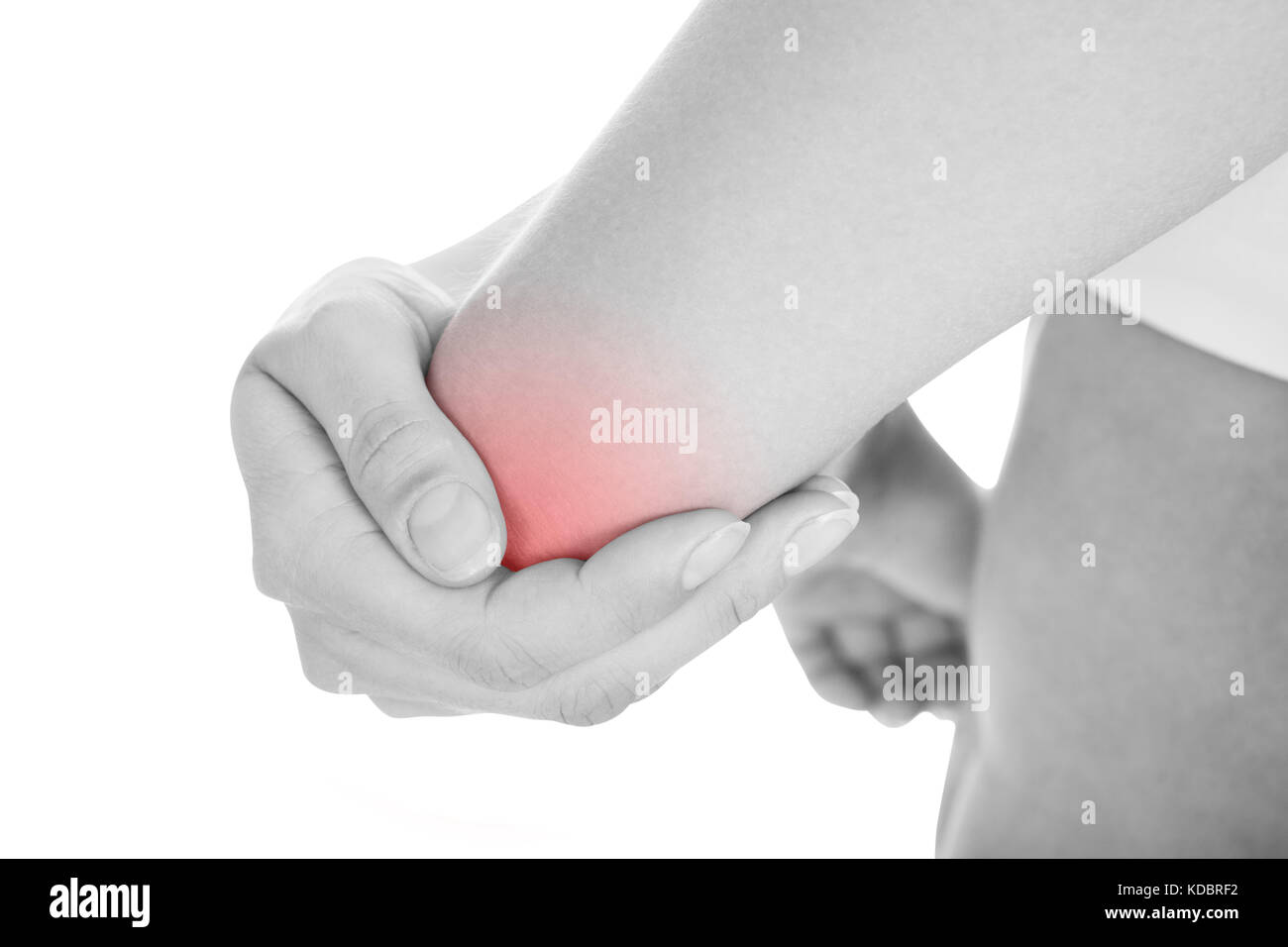 Close up of woman with elbow pain isolated on white background Stock ...