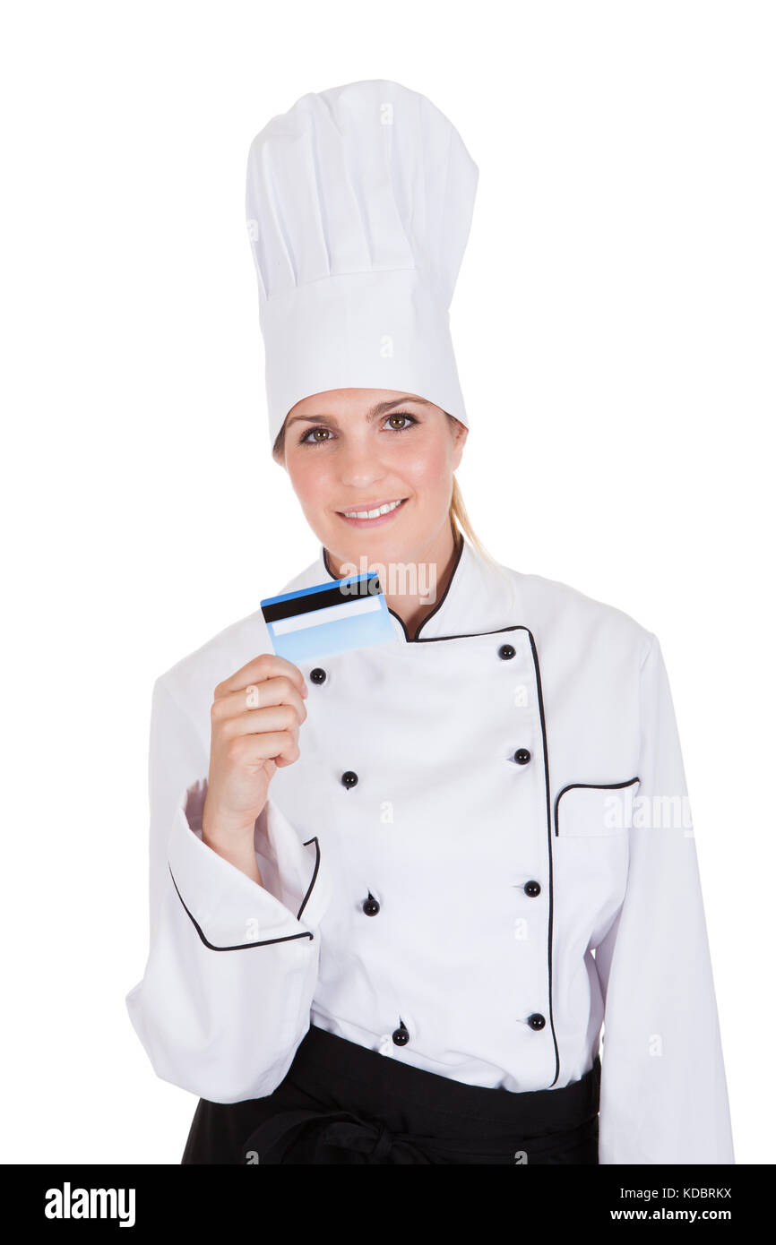 Portrait Of Happy Female Chef Holding Credit Card Over White Background ...