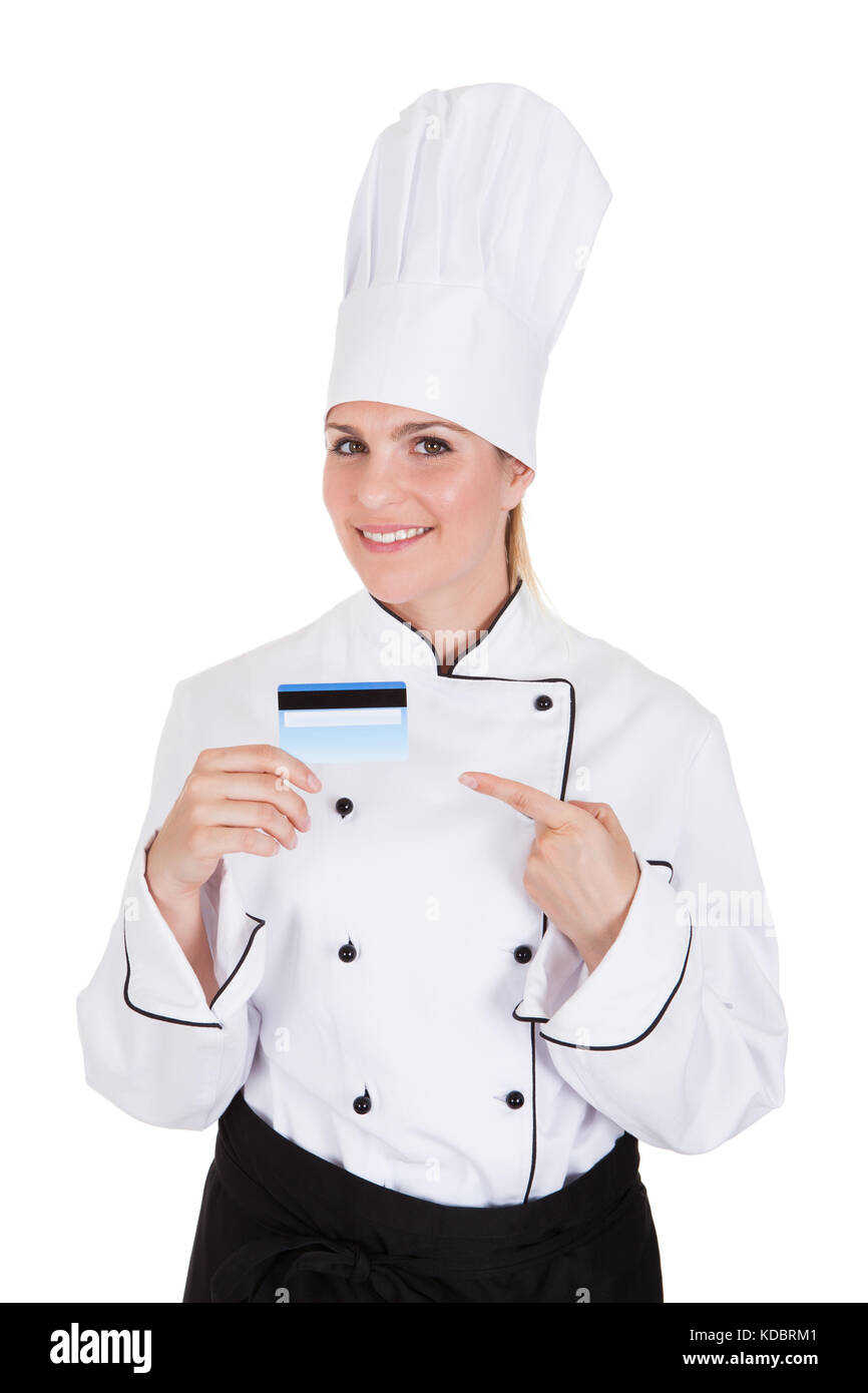 Portrait Of Happy Female Chef Holding Credit Card Over White Background ...
