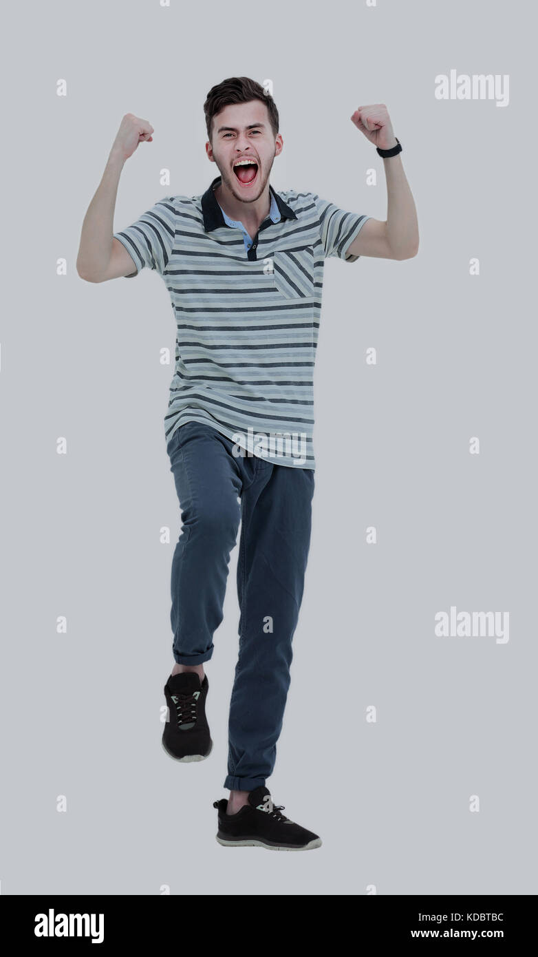Shouting happy man with his arms raised up on white background Stock ...