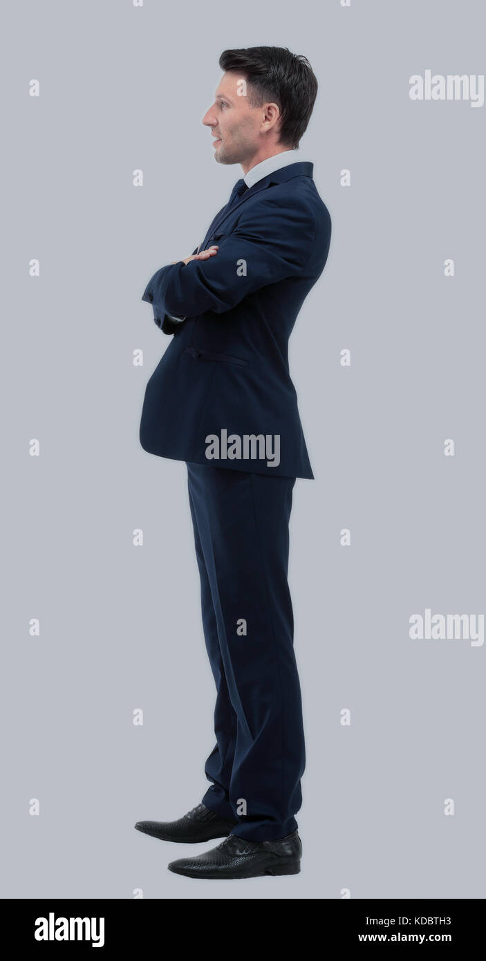 Side view of a smiling businessman, On white background Stock Photo - Alamy