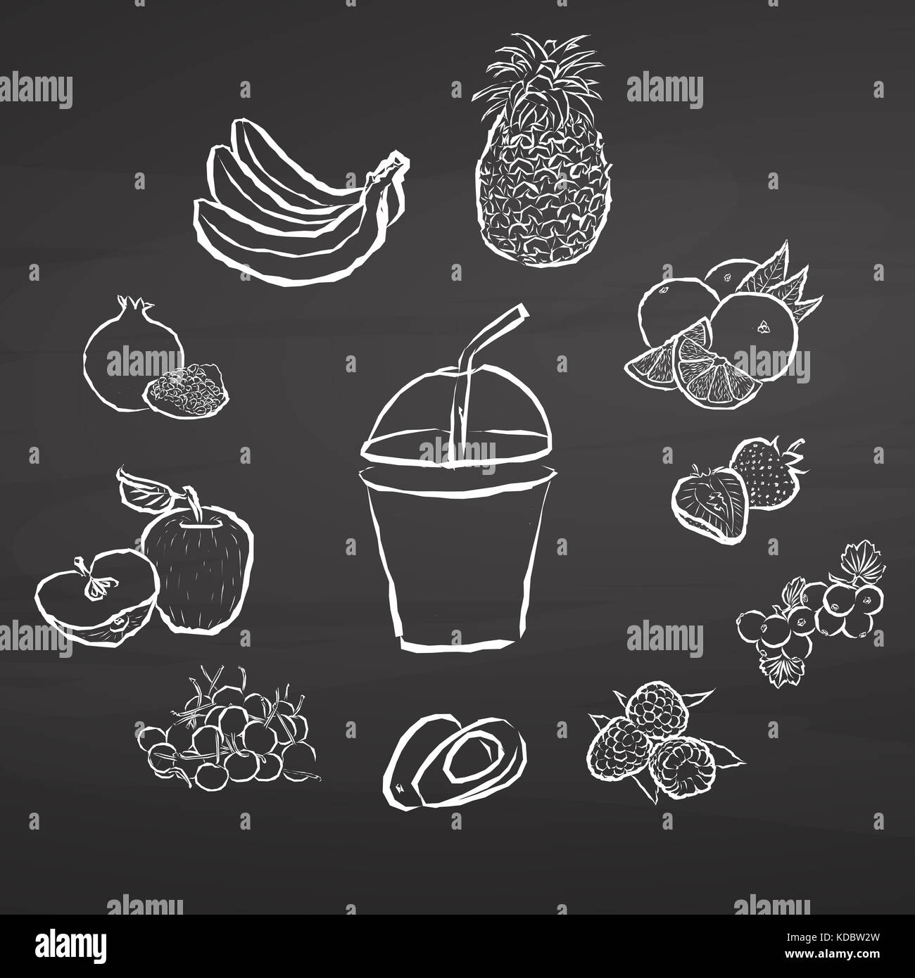 Smoothie and fruits. Illustration on chalkboard. Hand drawn healthy ...
