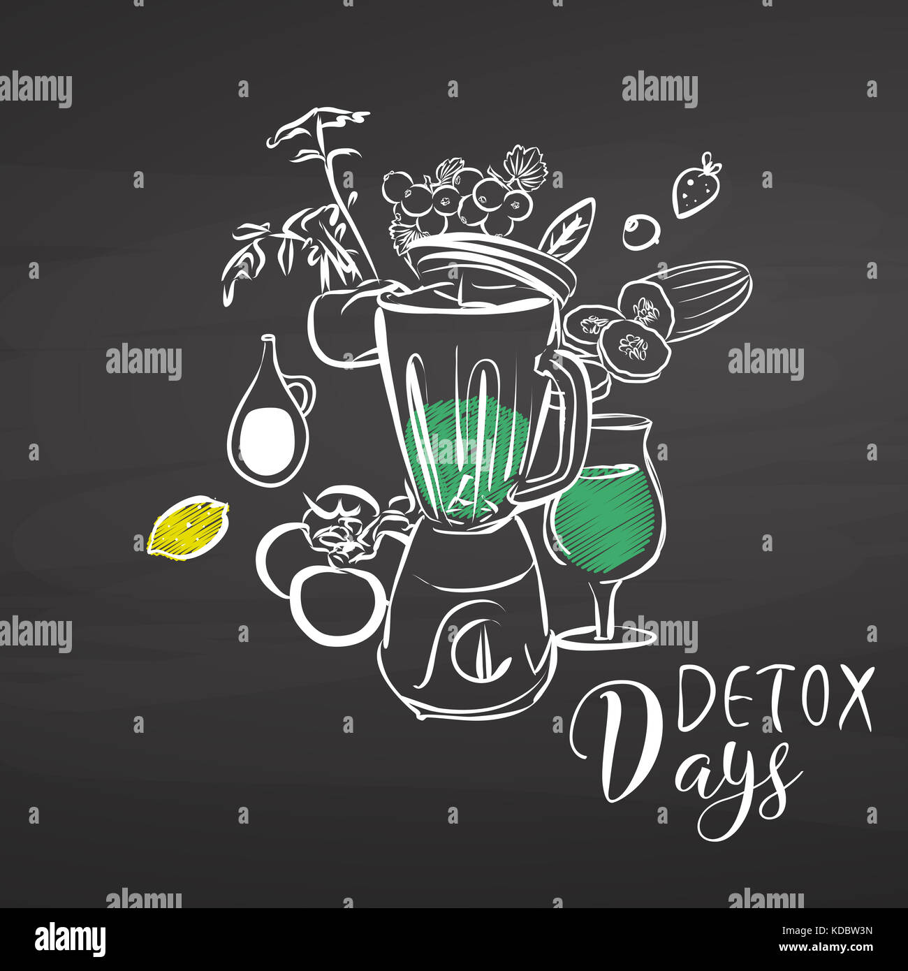 Detox days. Vegetables and Mixer on chalkboard. Hand drawn healthy food ...
