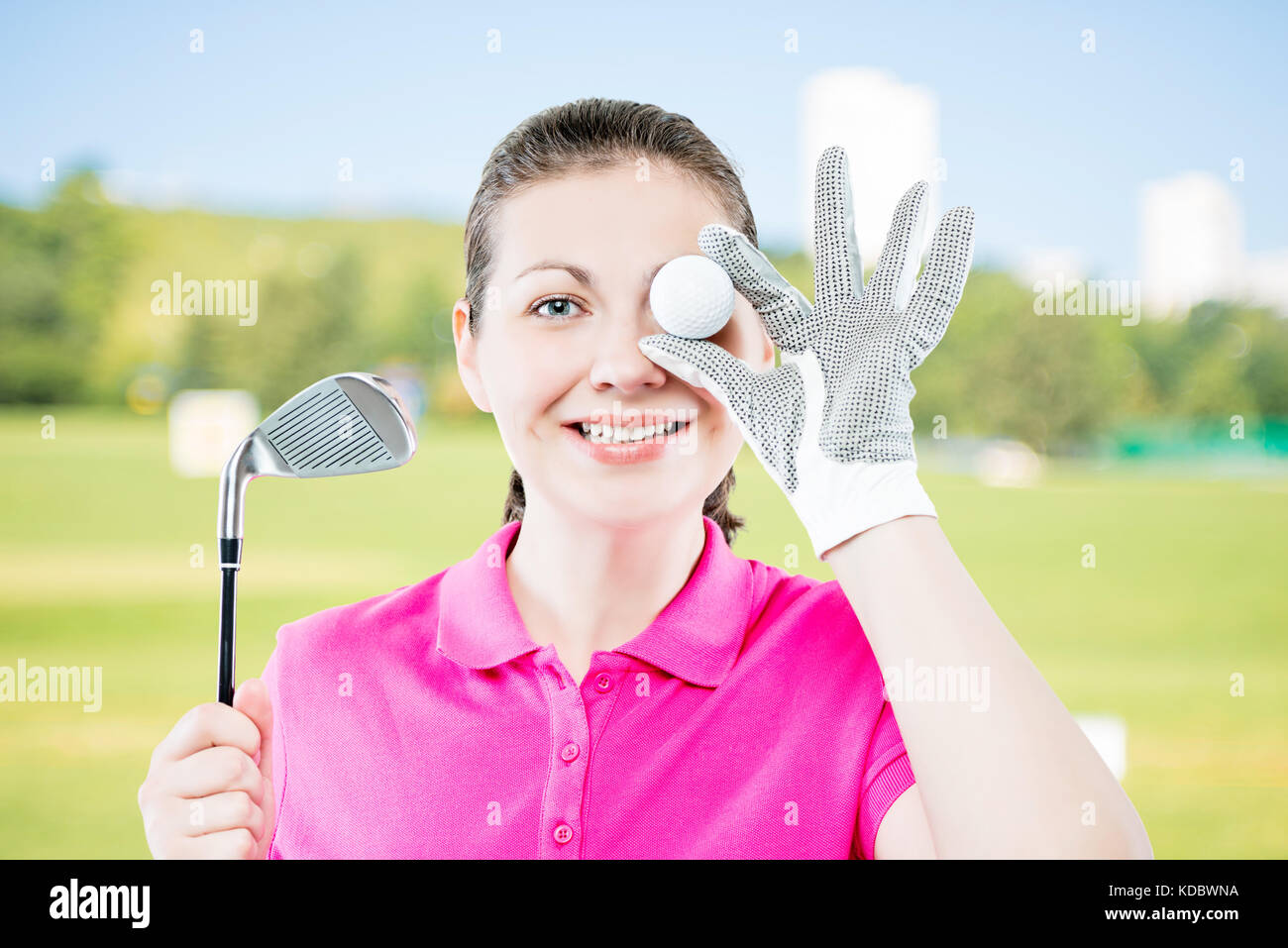 happy golfer funny portrait on a background of golf courses Stock Photo ...
