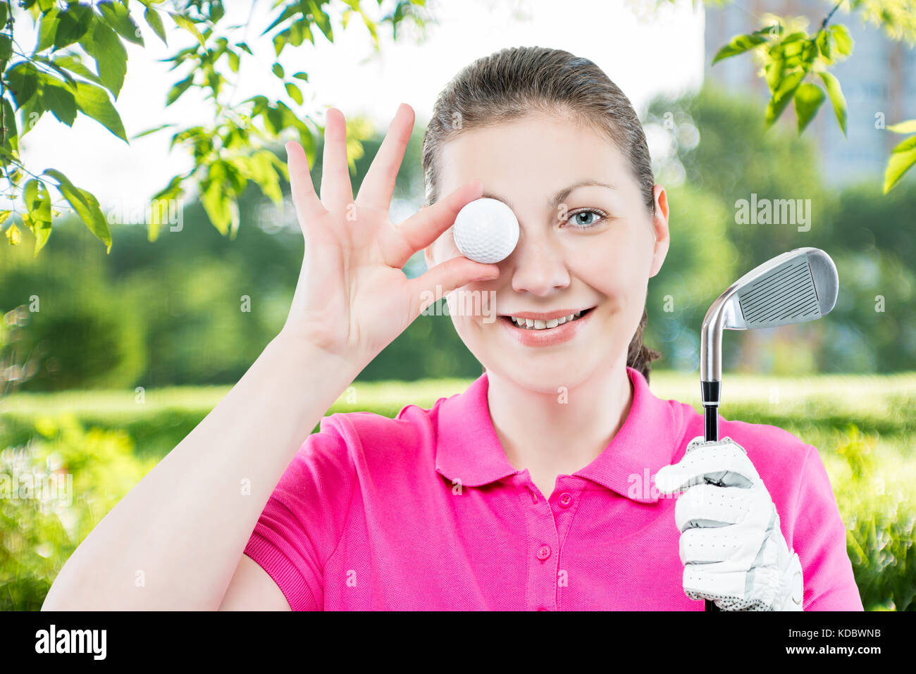 horizontal portrait of funny girl golfer with equipment for playing ...