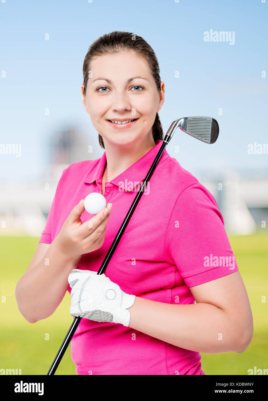 happy girl fan of playing golf, portrait on a background of golf ...