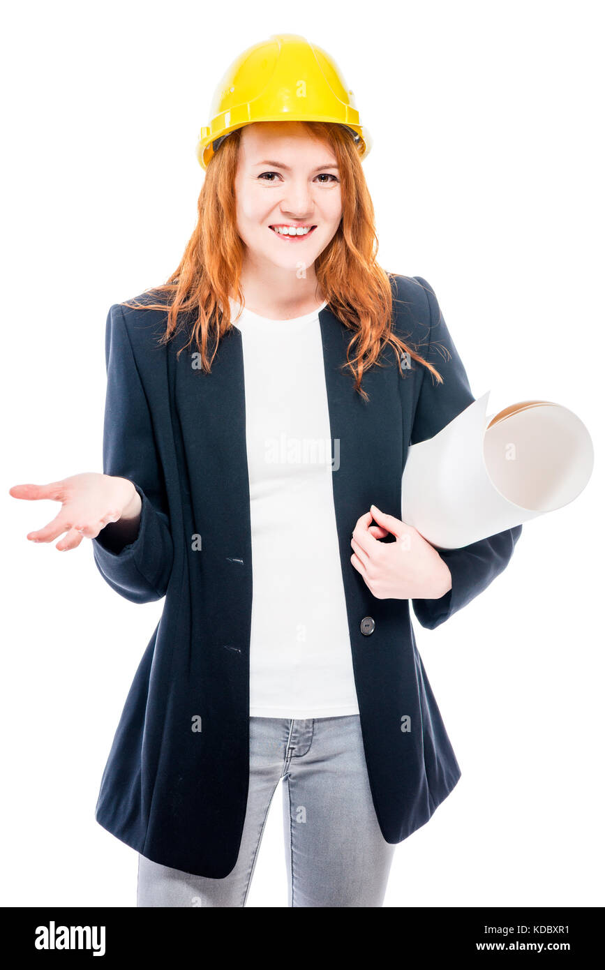 Vertical portrait of a woman chief architect with drawings in yellow ...
