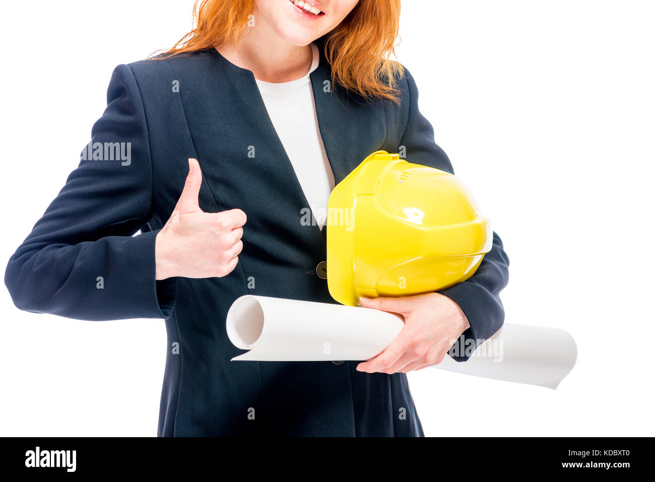 Woman boss with yellow helmet and blueprints, focus on hands Stock ...
