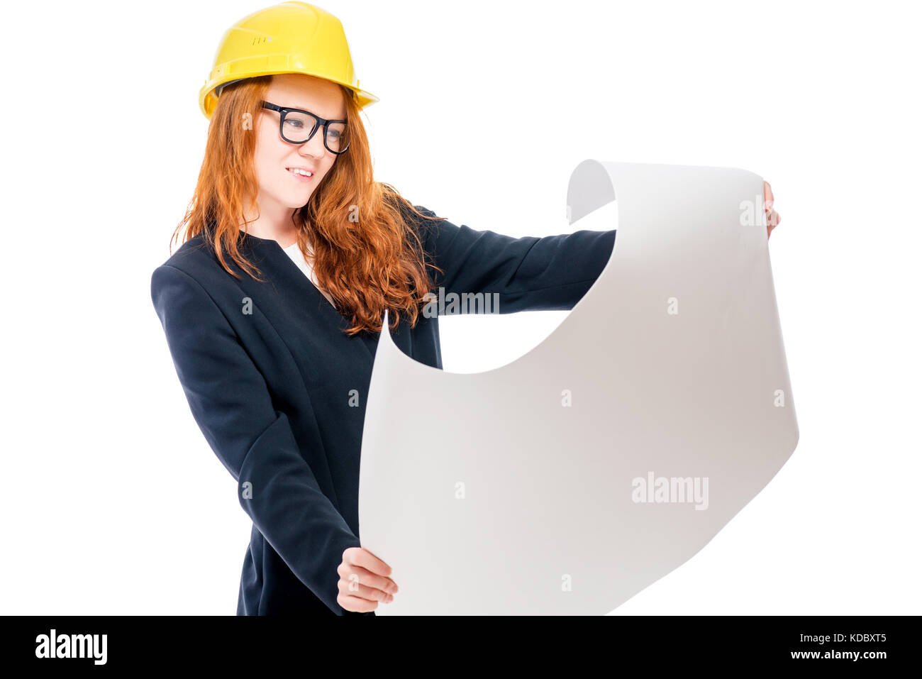 young successful woman boss in yellow helmet with blueprints isolated ...