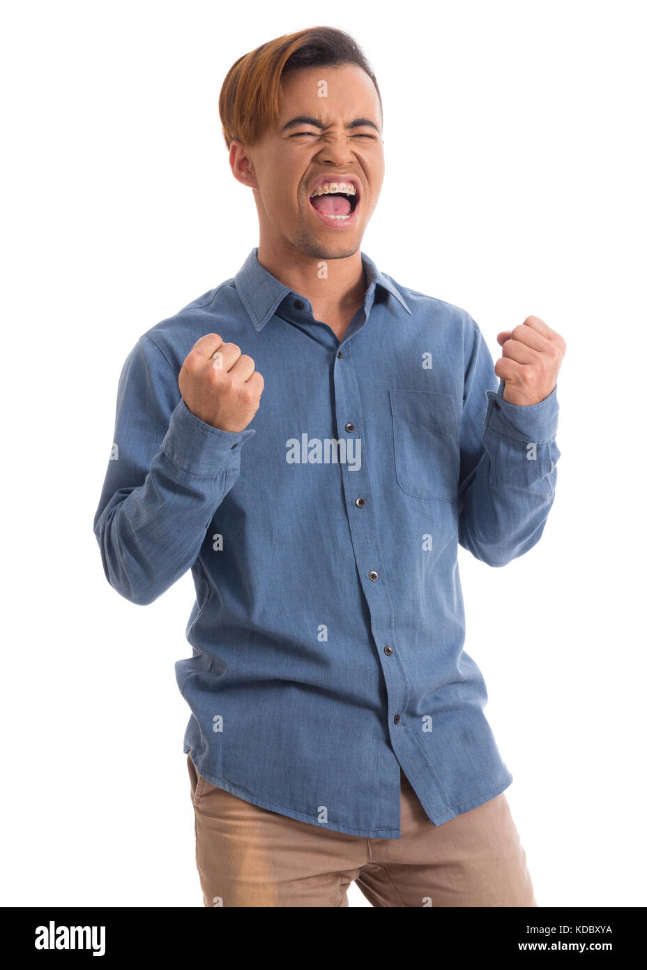 Worker celebrates with great vigor. Black man is wearing dark blue ...