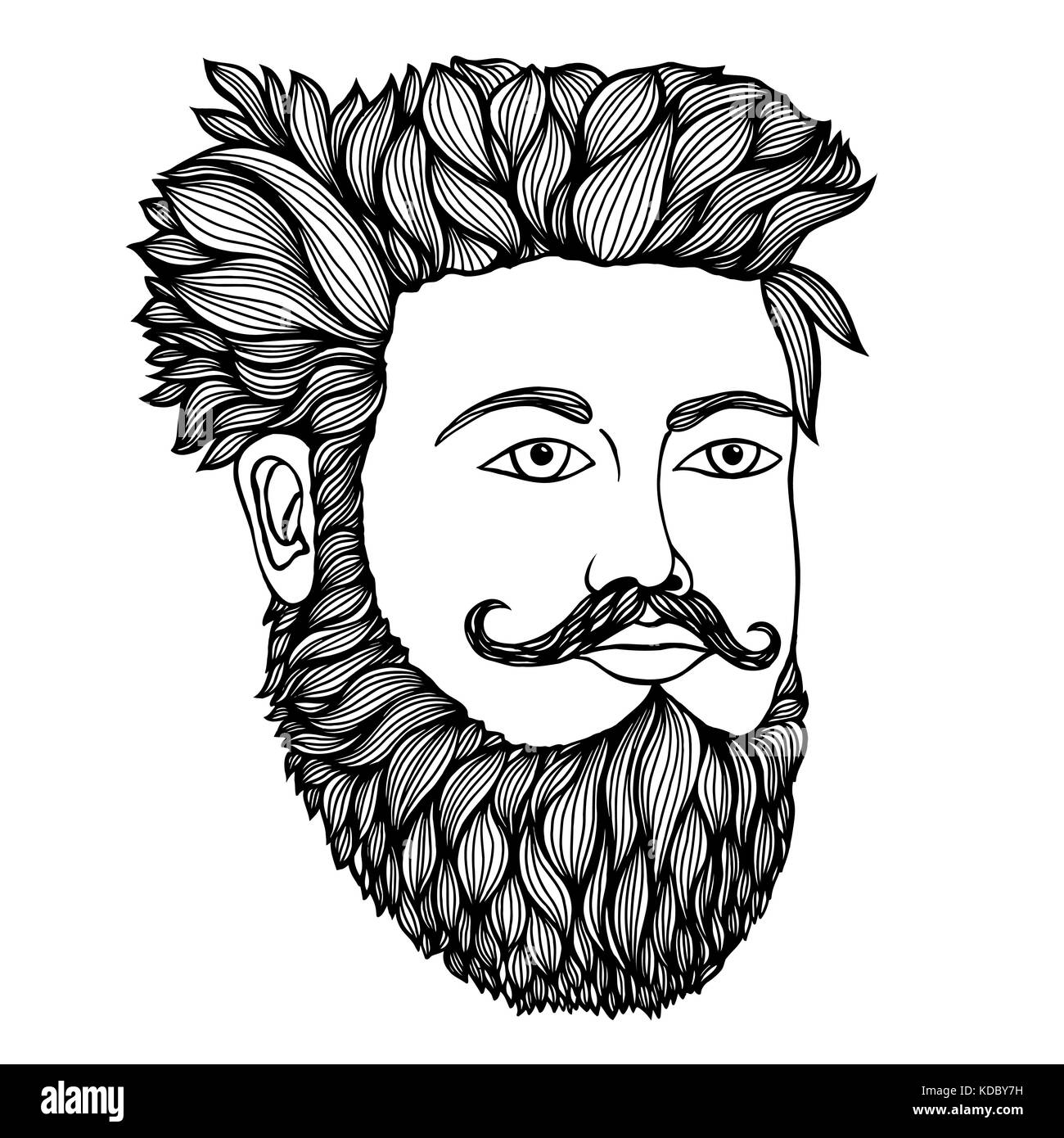 Hand drawn portrait of moustached man full face. Vector illustration ...