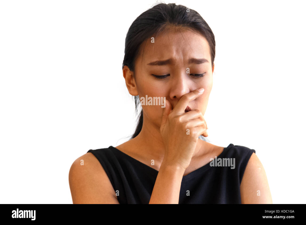 Portrait of beautiful asian woman in stress and looking sad on white ...