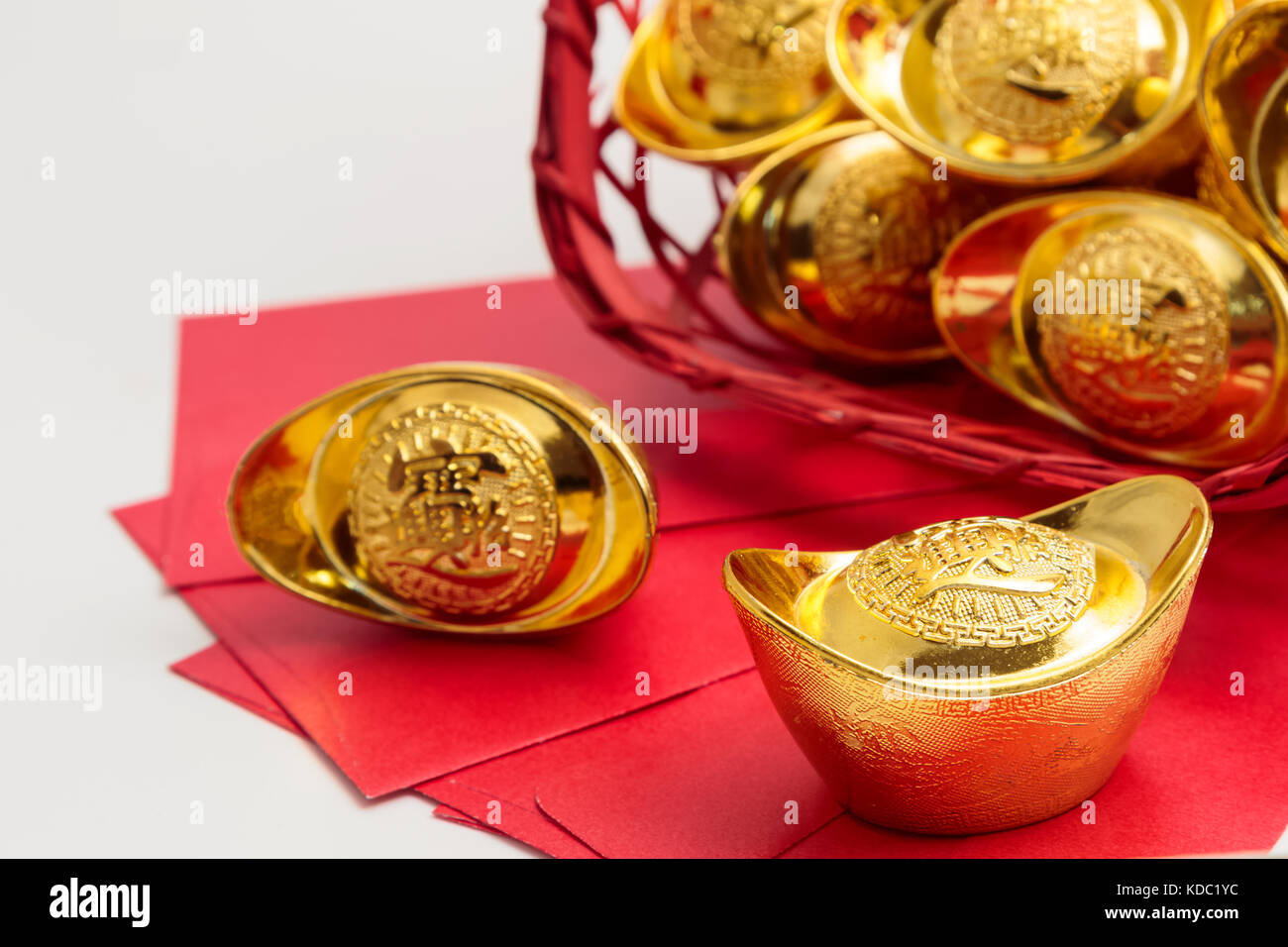 Chinese new year festival decorations, ang pow or red packet and gold ...
