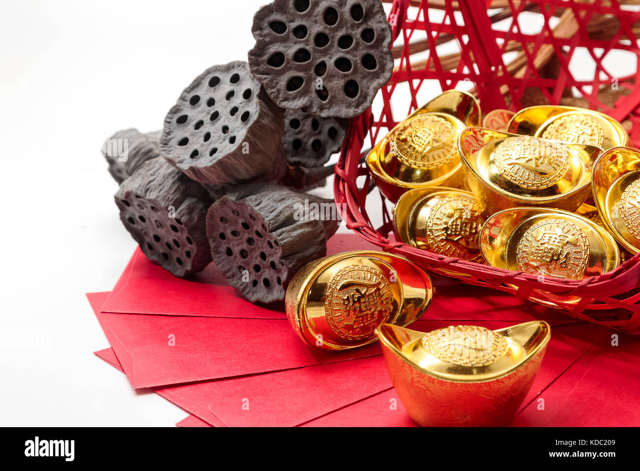 Chinese new year festival decorations, ang pow or red packet and gold ...