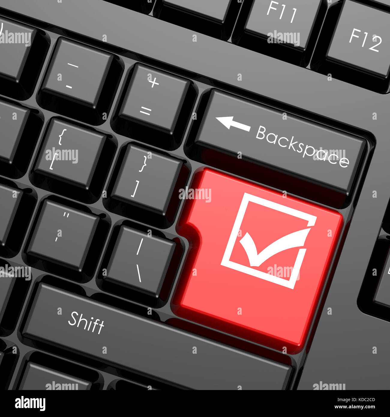 Red enter button with check mark on black keyboard image, 3D rendering ...