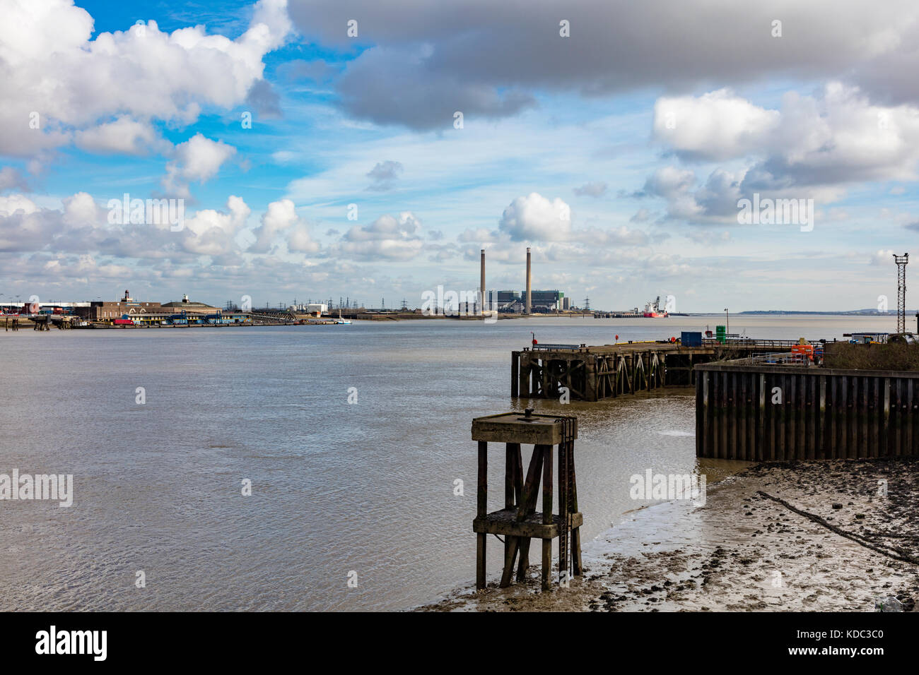 Views across the River Thames from Northfleet, Kent, towards the docks ...
