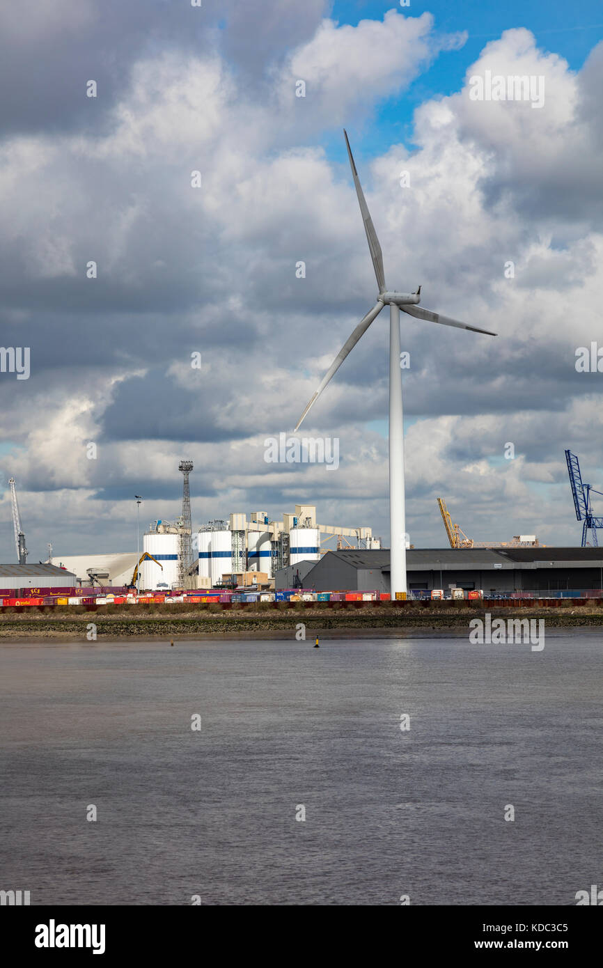 Views across the River Thames from Northfleet, Kent, towards the docks ...