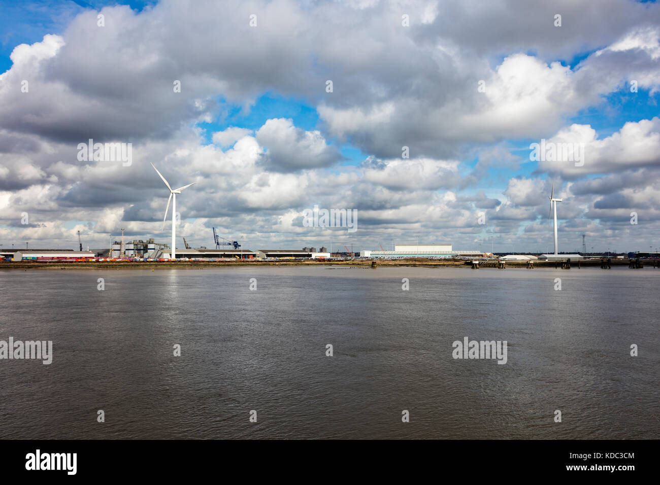 Views across the River Thames from Northfleet, Kent, towards the docks ...