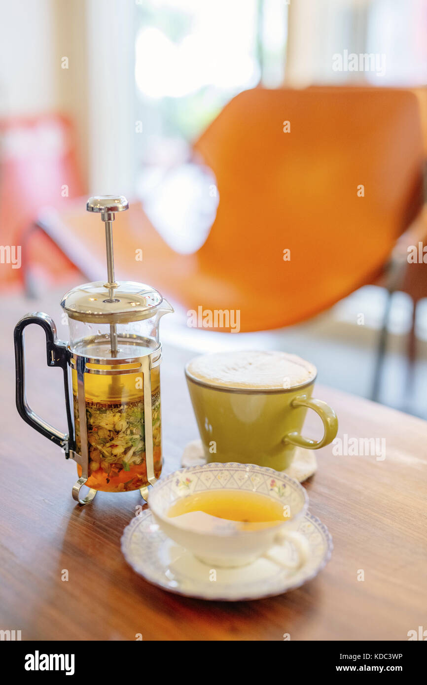 Coffee Latte and flower tea Stock Photo - Alamy