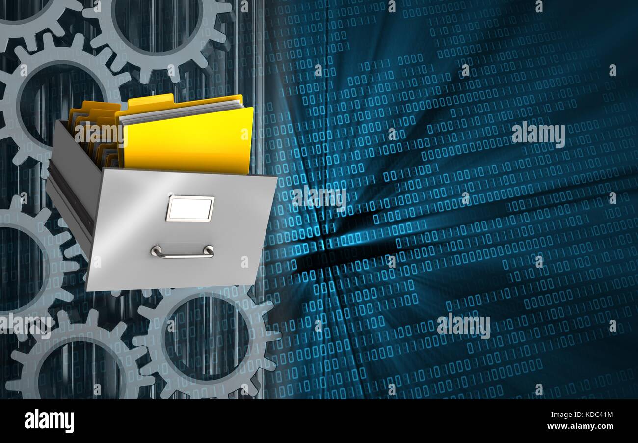 3d illustration of archive over binary background with gears Stock ...