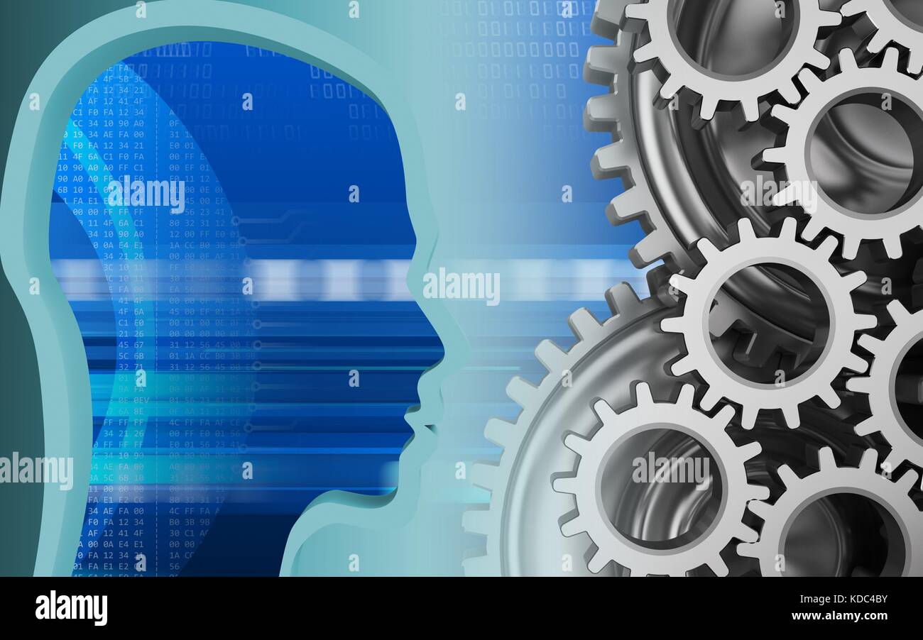 3d illustration of mechanic over cyber background with head profile ...